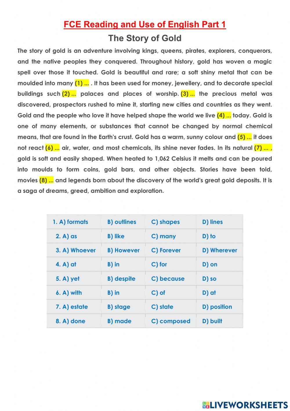 FCE Reading and Use of English part 1 B worksheet | Live Worksheets