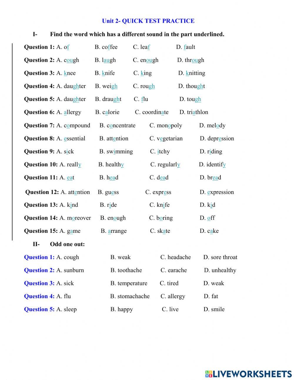 Quick test unit 2 tháng 7 worksheet | Live Worksheets