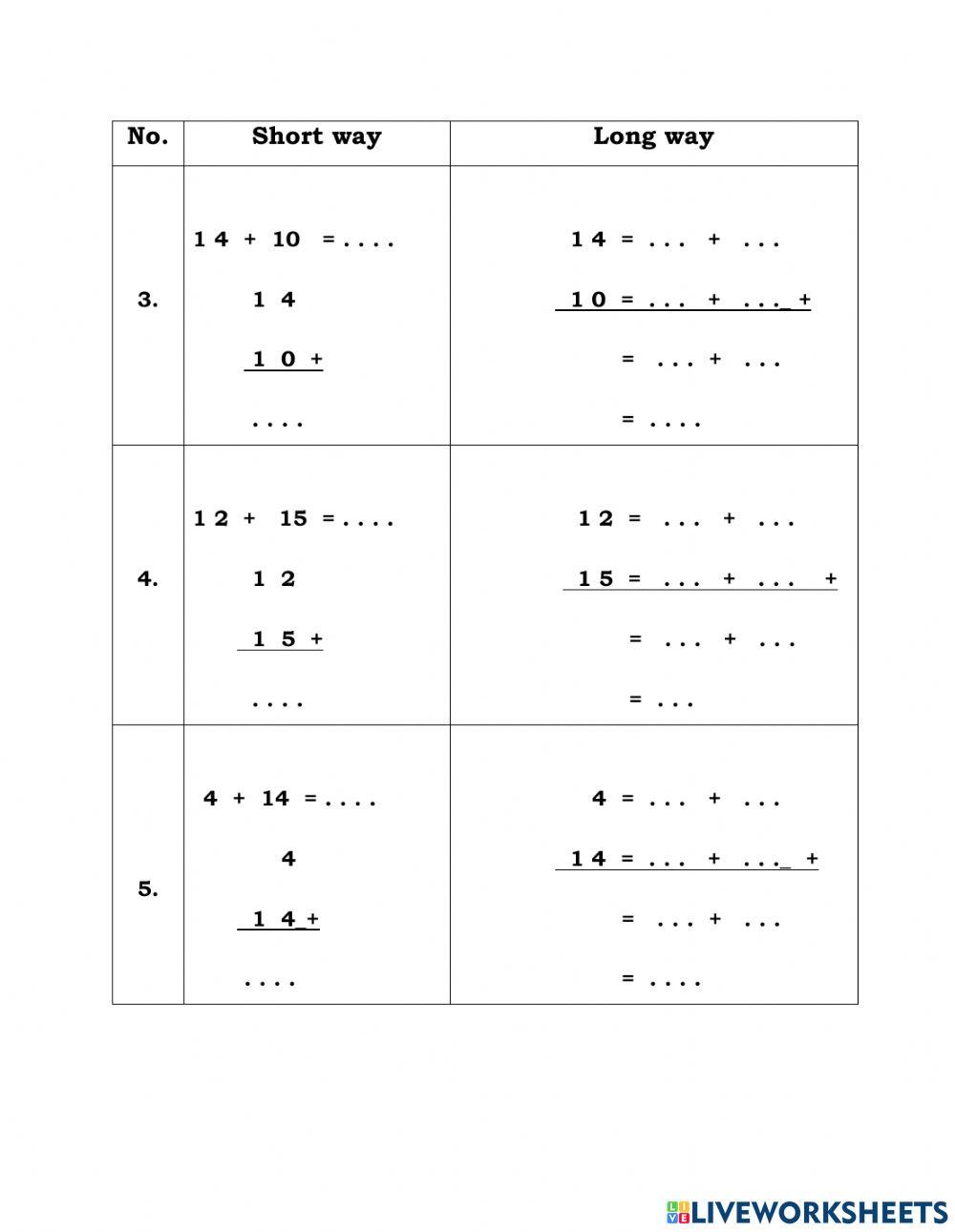long method addition worksheets