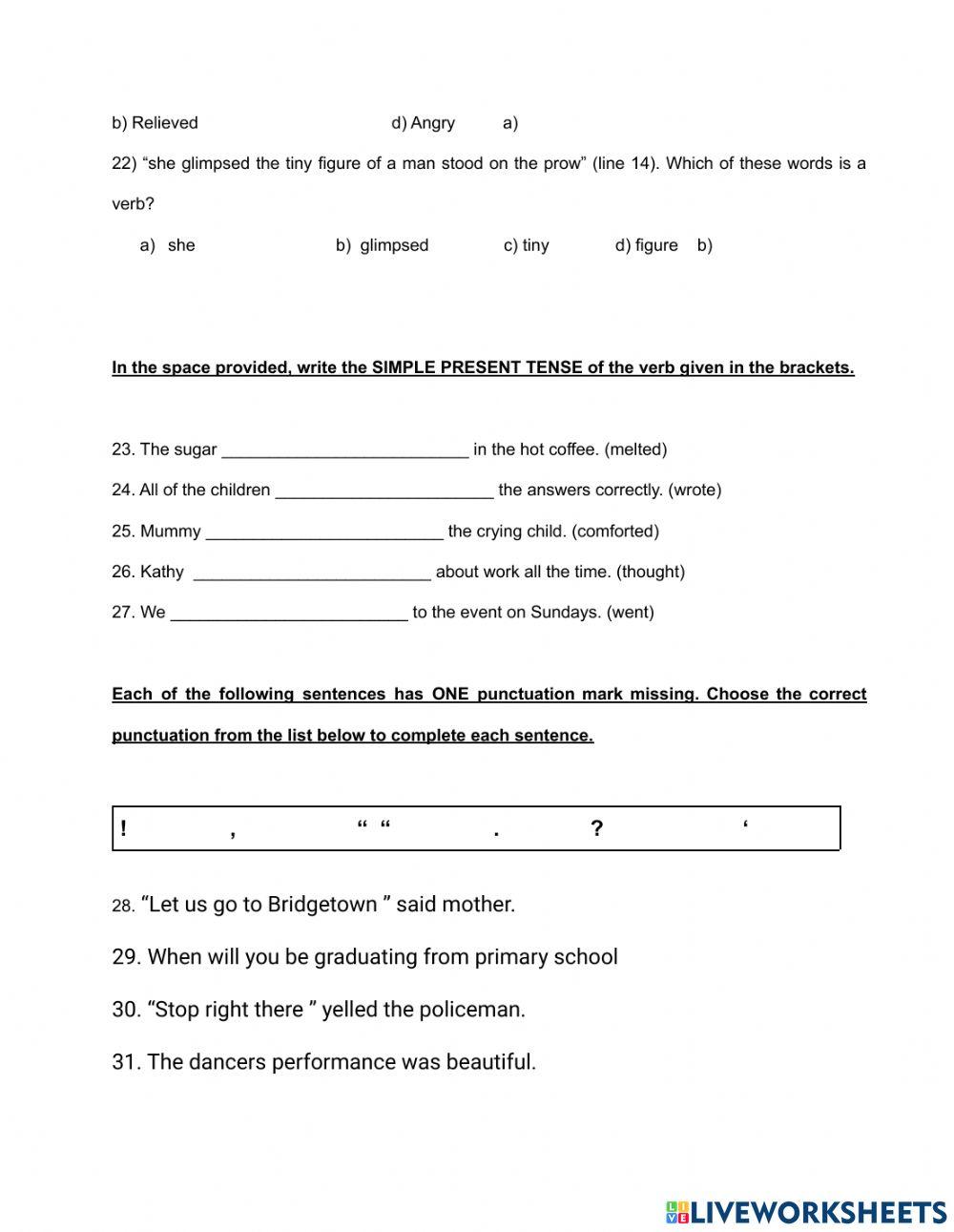 5th Grade English Test worksheet | Live Worksheets