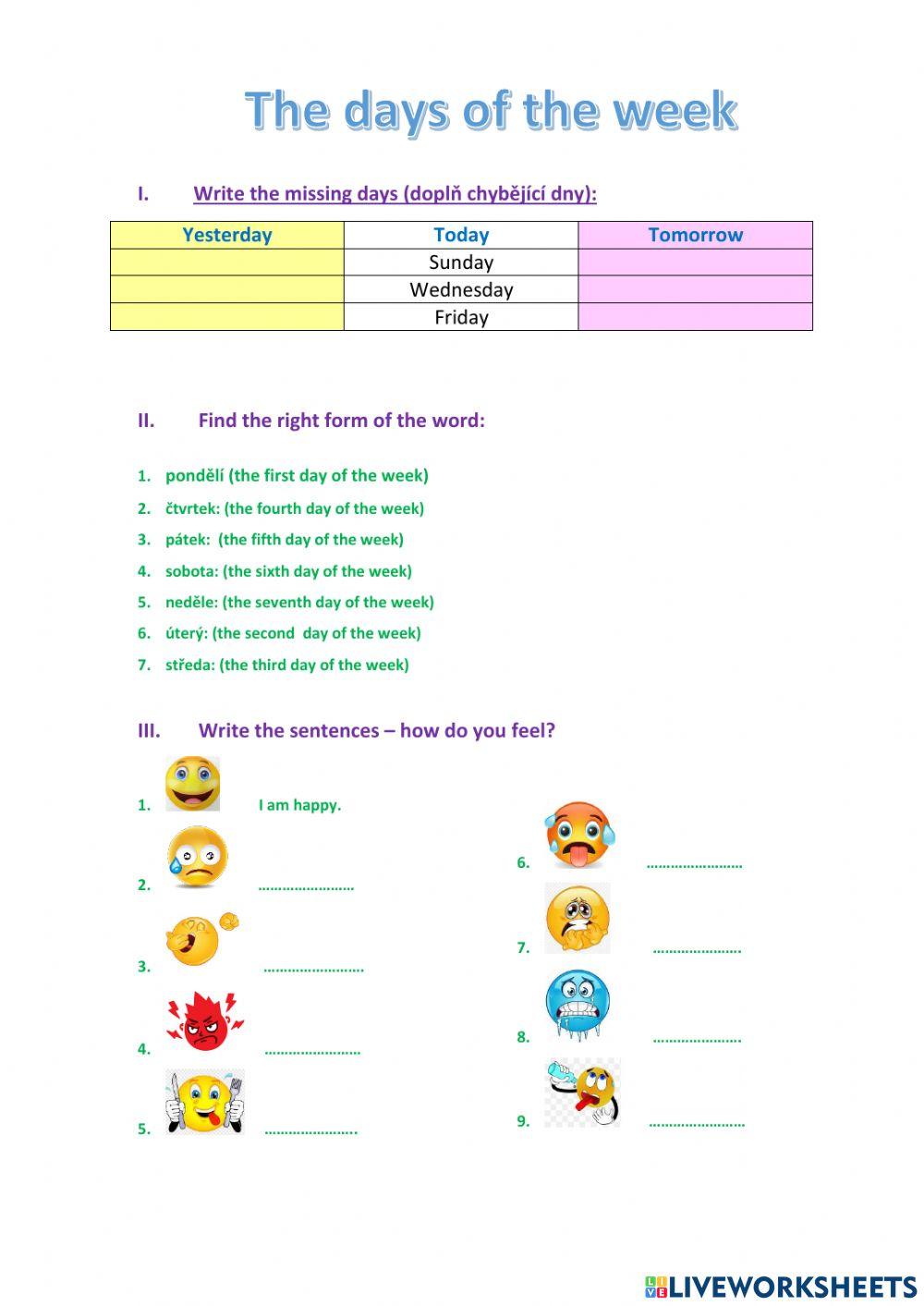 The days of the week, feelings online exercise for | Live Worksheets
