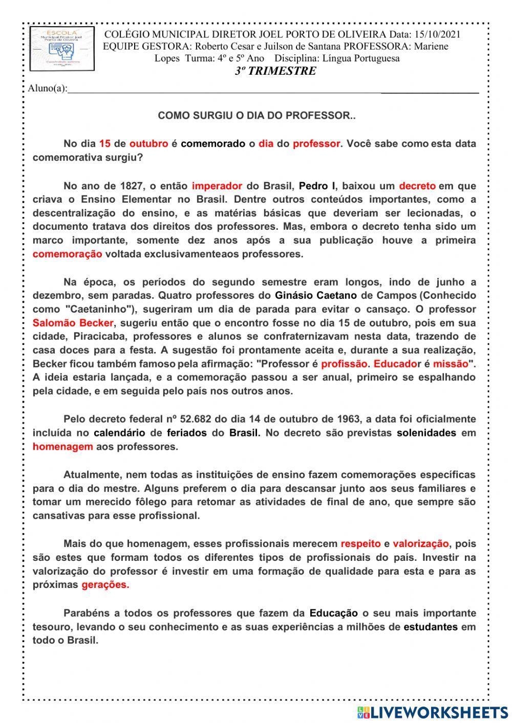 Dia do Professor activity | Live Worksheets