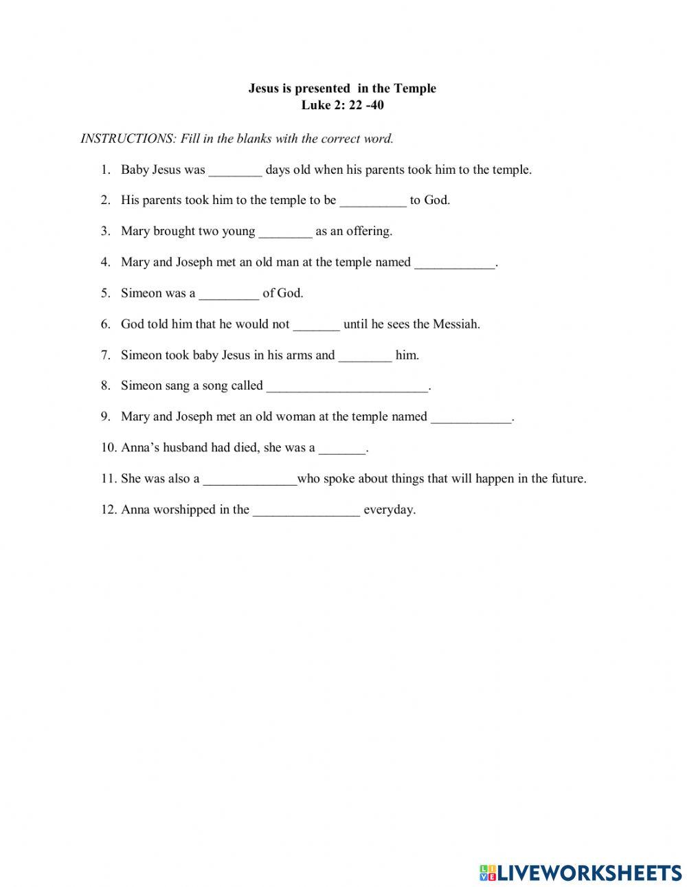 Jesus is presented online exercise for | Live Worksheets