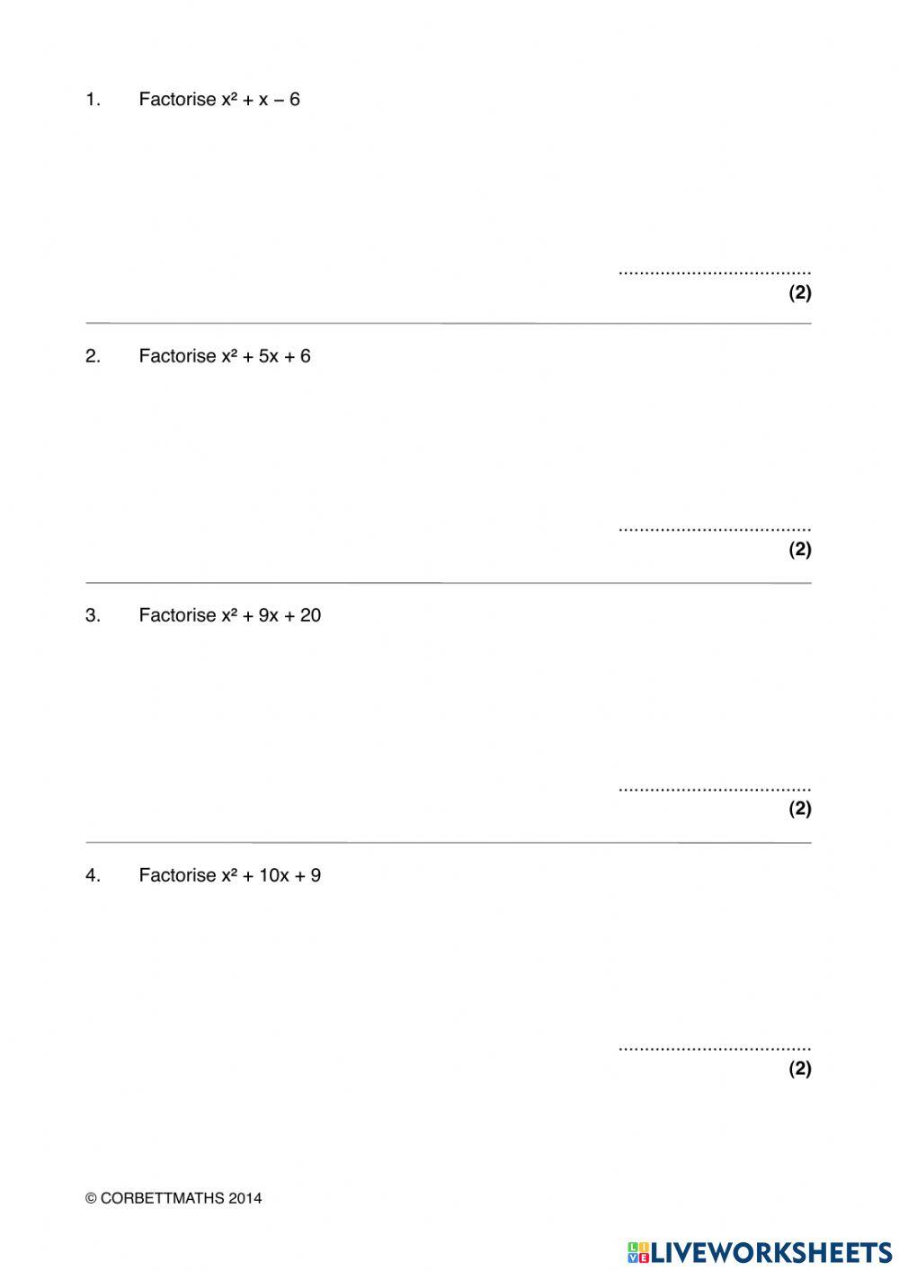 Quadratic Equation Finding X By Factorisation Worksheet Live Worksheets quadratic-equation-finding-x-by-factorisation-worksheet-live-worksheets