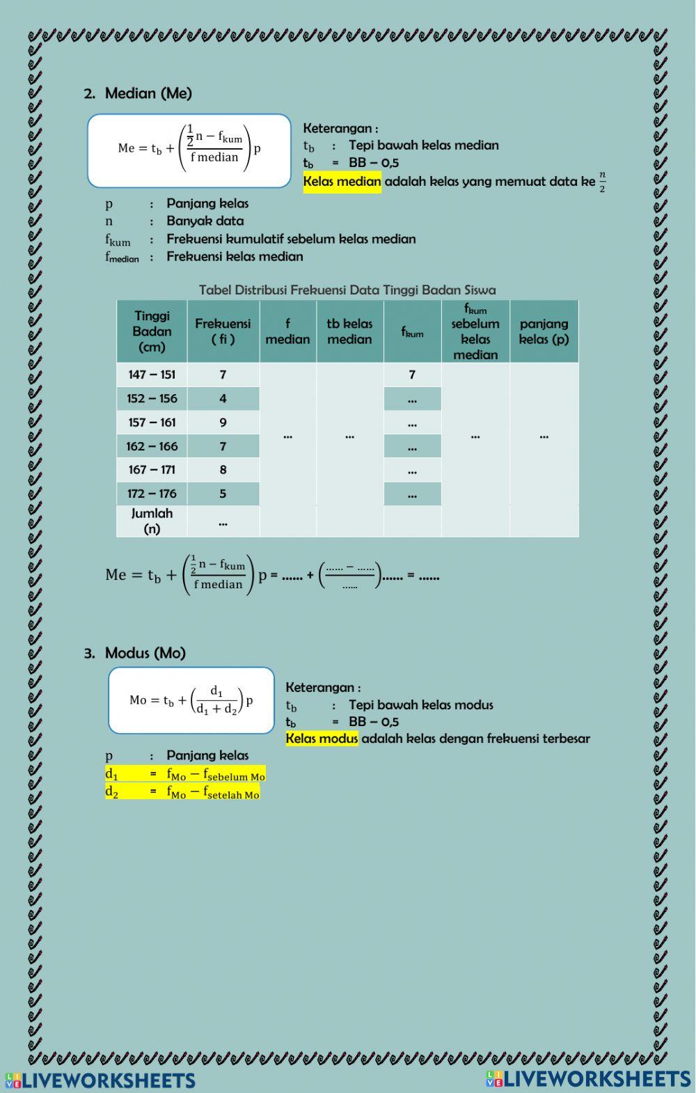 Mean median modus berkelompok worksheet | Live Worksheets
