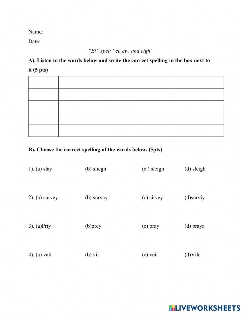 Spelling Test “Ei” spelt “ei, ew, and eigh” 1528086 | A