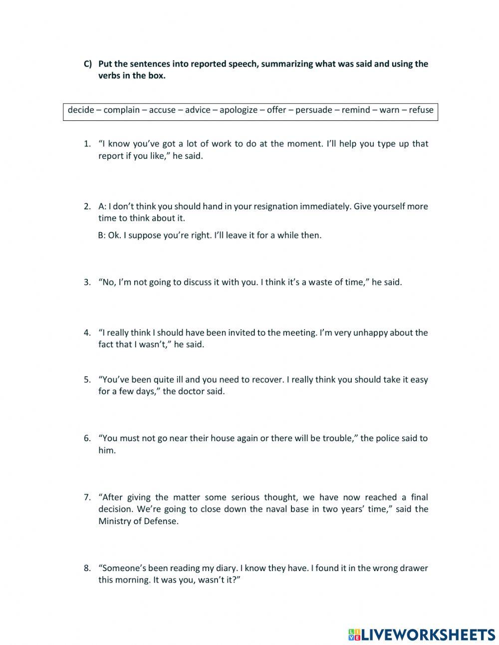 Reported speech online exercise for 1 | Live Worksheets