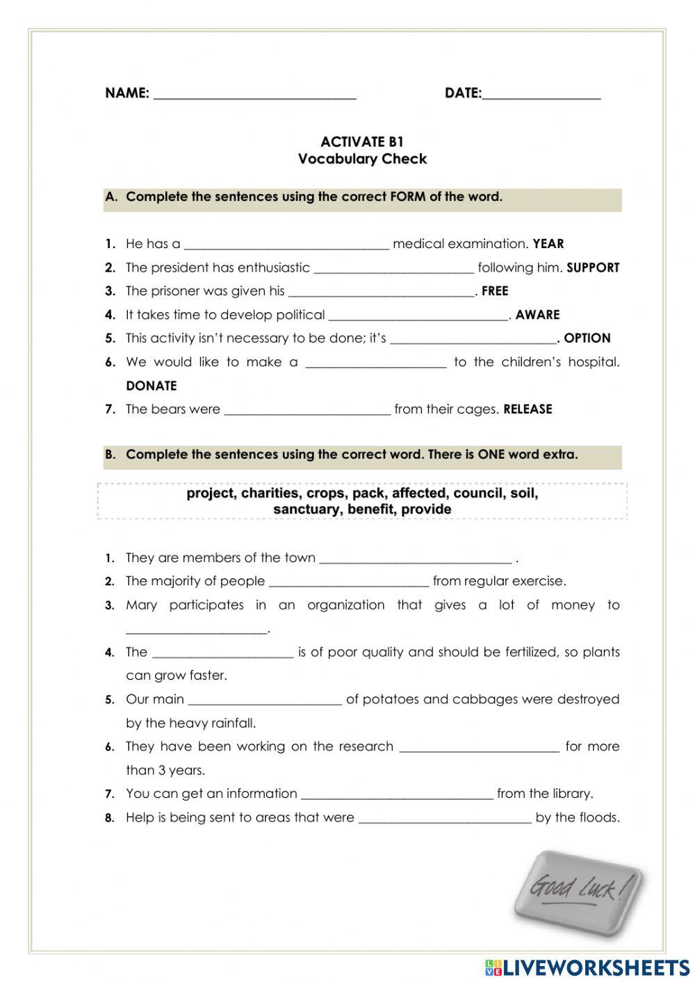 Activate b1 uni… | Free Interactive Worksheets | 1529083