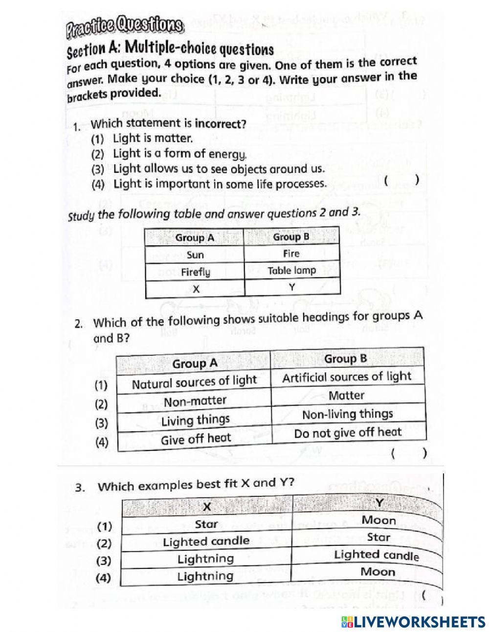 Chapter 3. Ligh… | Free Interactive Worksheets | 1529130