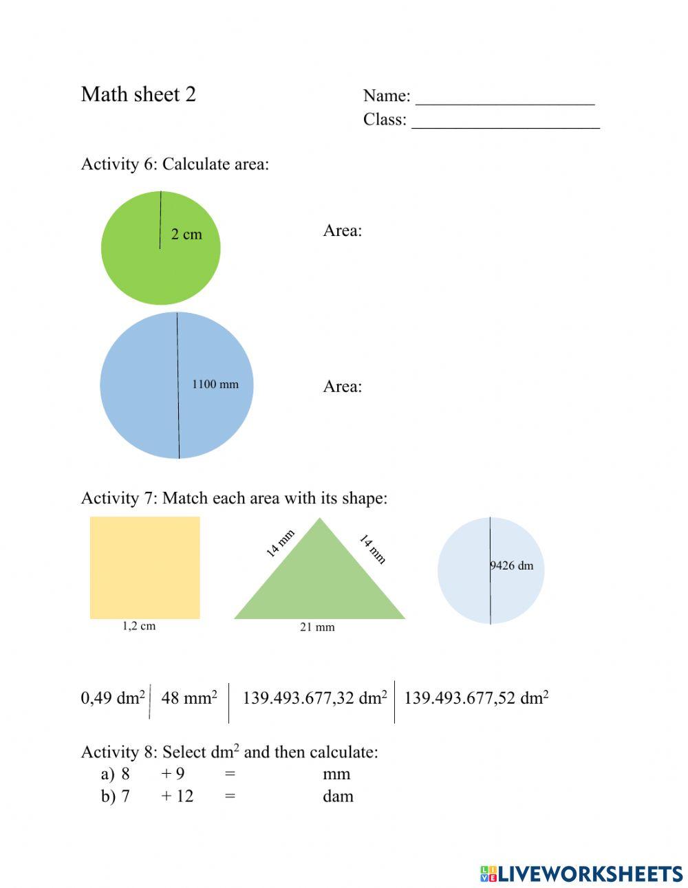 Area worksheet 2 worksheet | Live Worksheets