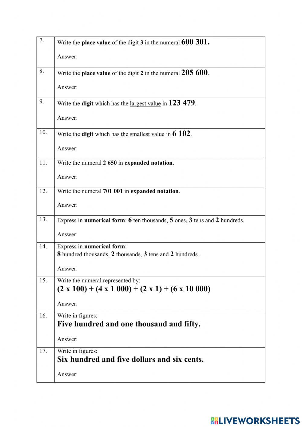 Place value online exercise for 5 | Live Worksheets
