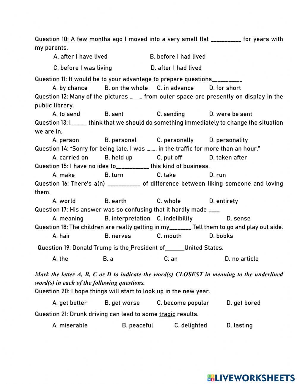 De thi thu THPT worksheet | Live Worksheets