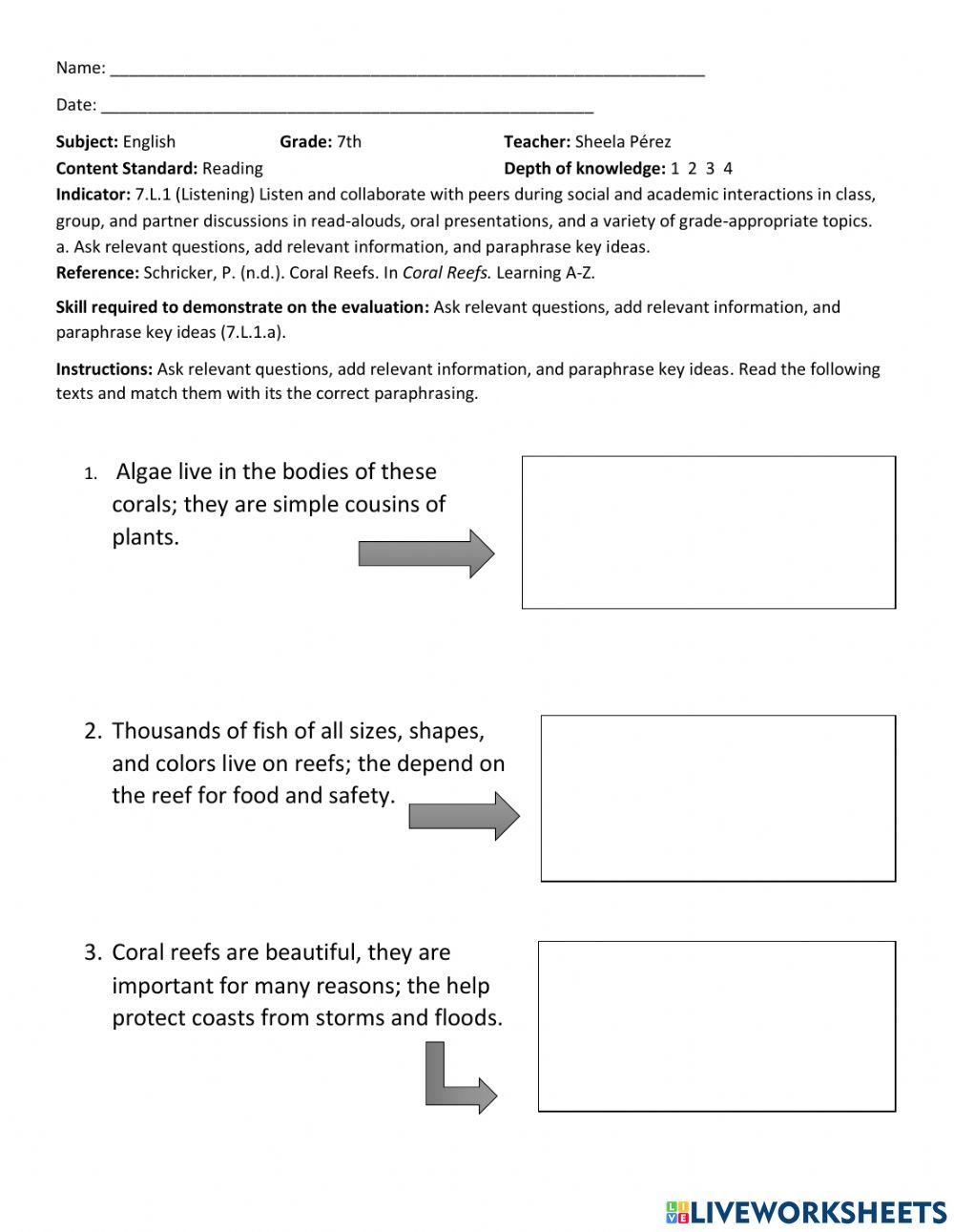 Paraphrase key information worksheet | Live Worksheets