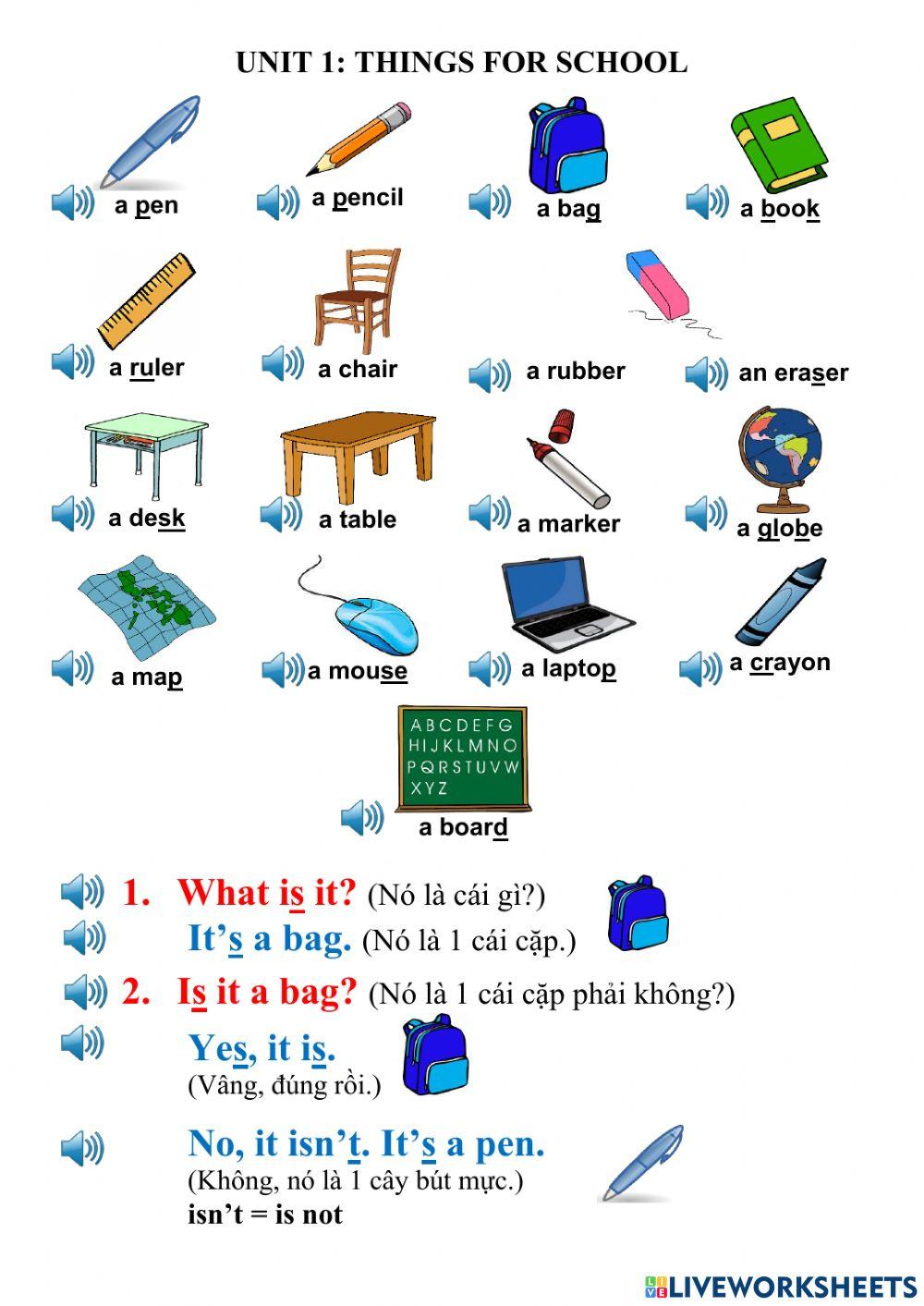 Things for school online worksheet | Live Worksheets