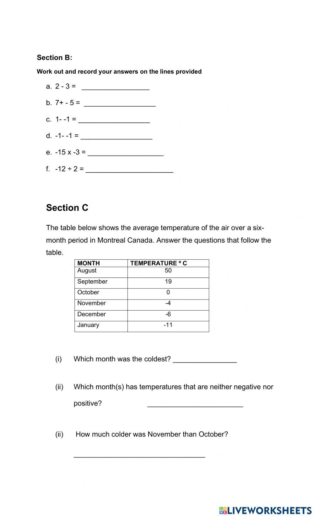 Negative Numbers Interactive Activity | Live Worksheets