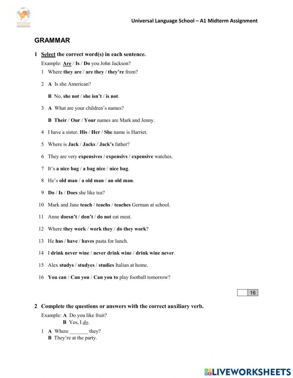 Universal Language A1 Midterm Assignment worksheet | Live Worksheets