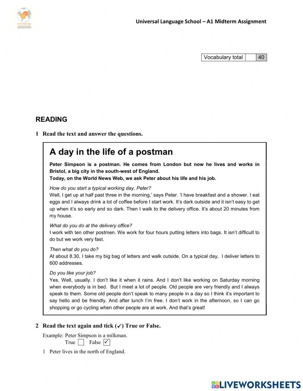 Universal Language A1 Midterm Assignment worksheet | Live Worksheets