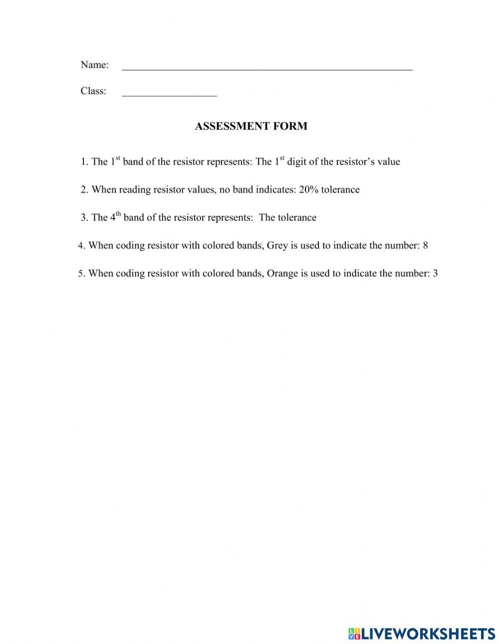 Assessment form-Reading Resistor code worksheet | Live Worksheets