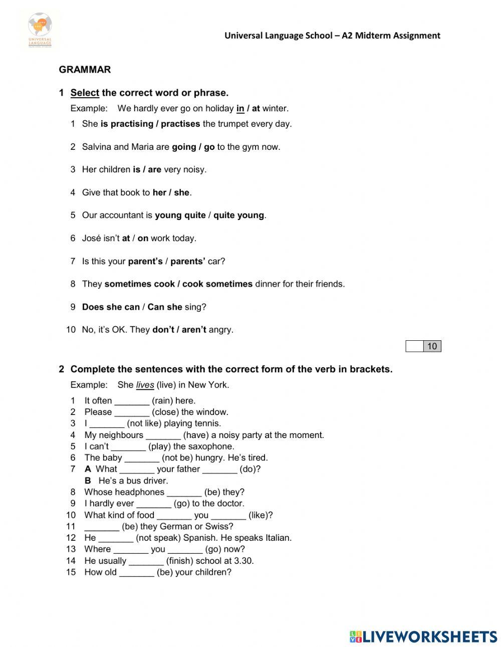 A2 Midterm Assignment worksheet | Live Worksheets
