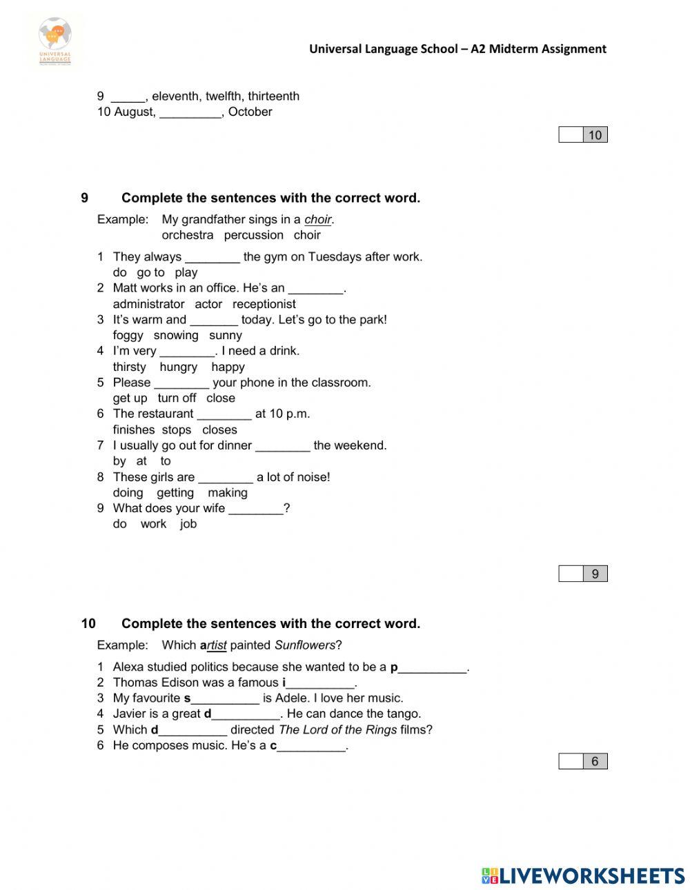 A2 Midterm Assignment worksheet | Live Worksheets