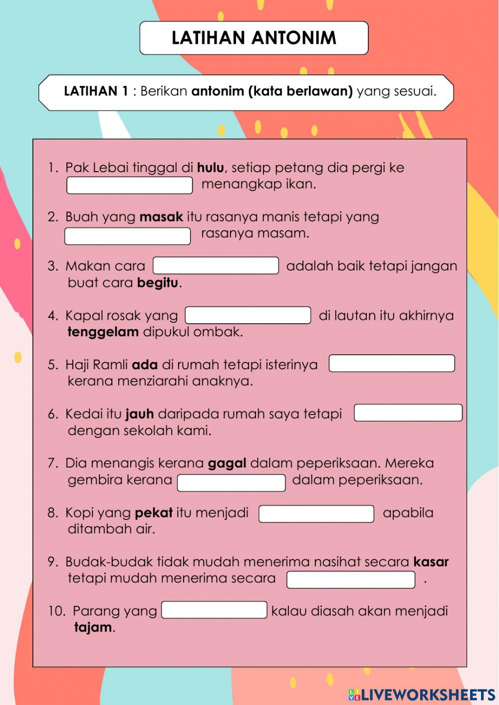 Latihan antonim | Free Interactive Worksheets | 1532800