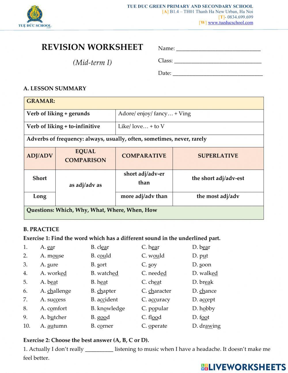 E8 Midterm revision worksheet | Live Worksheets