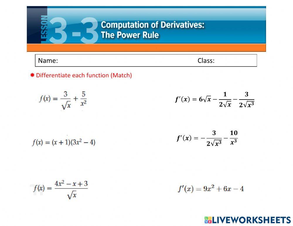 differentiation rules worksheet