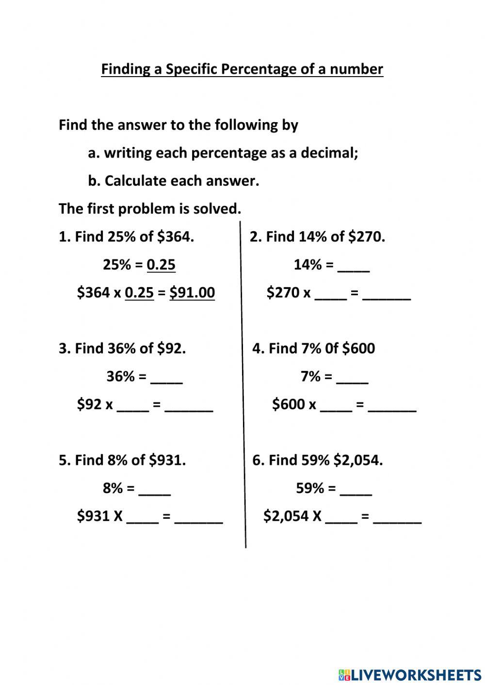 Finding A Specific Percentage Of A Number Worksheet Live Worksheets finding-a-specific-percentage-of-a-number-worksheet-live-worksheets