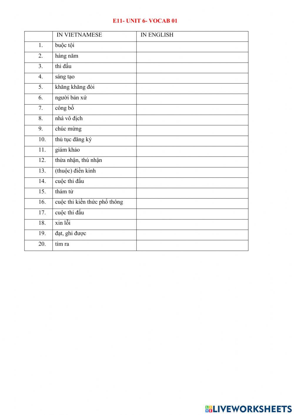 E11- unit 6- vocab 1 worksheet | Live Worksheets