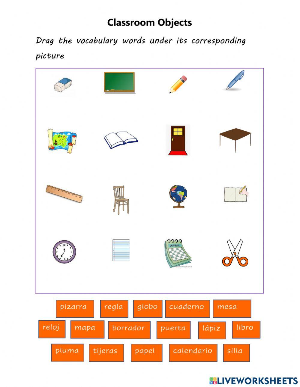 Classroom Objects online exercise for Grades 2 - 8 | Live Worksheets