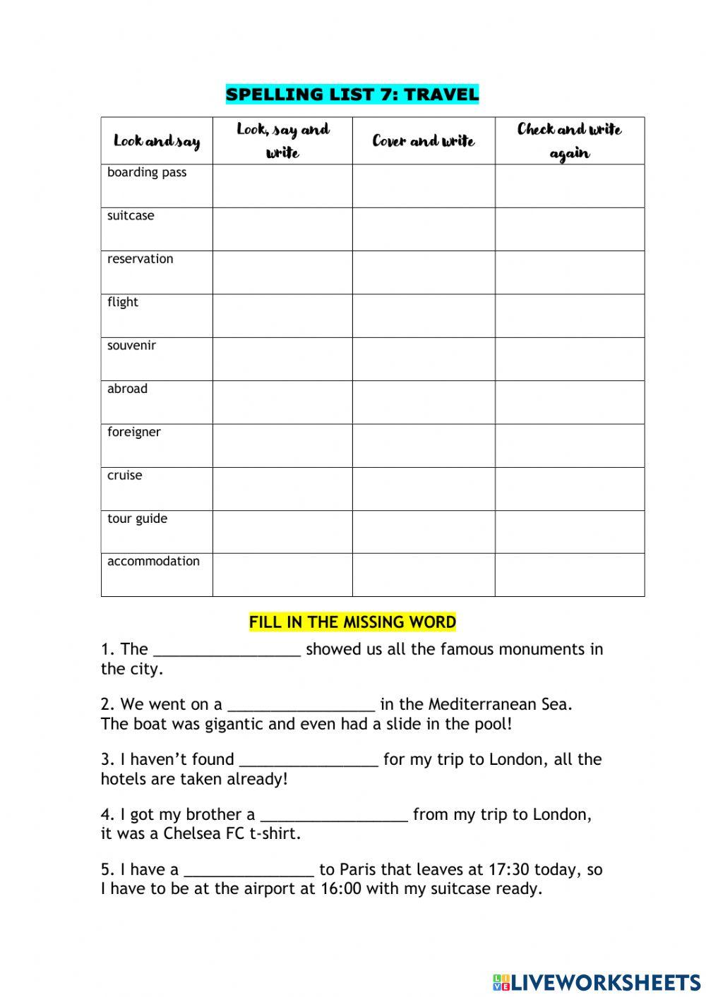 Spelling list 7 interactive worksheet | Live Worksheets