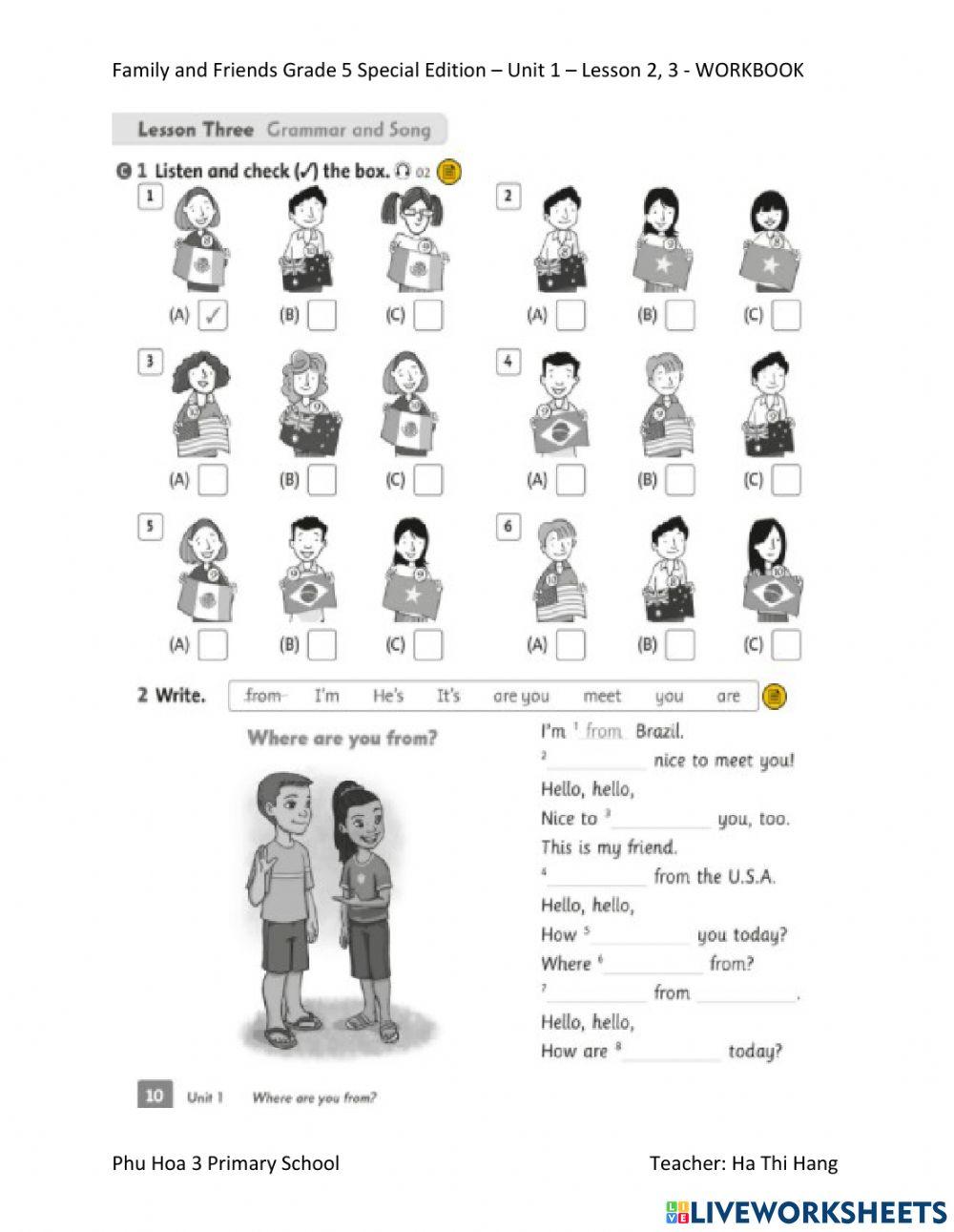 Family and Friends 5 - Unit 1 - Lesson 2, 3 Workbook worksheet | Live Worksheets