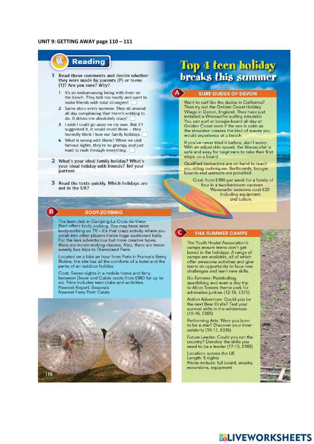 UNIT 9: GETTING AWAY page 110-111 worksheet | Live Worksheets