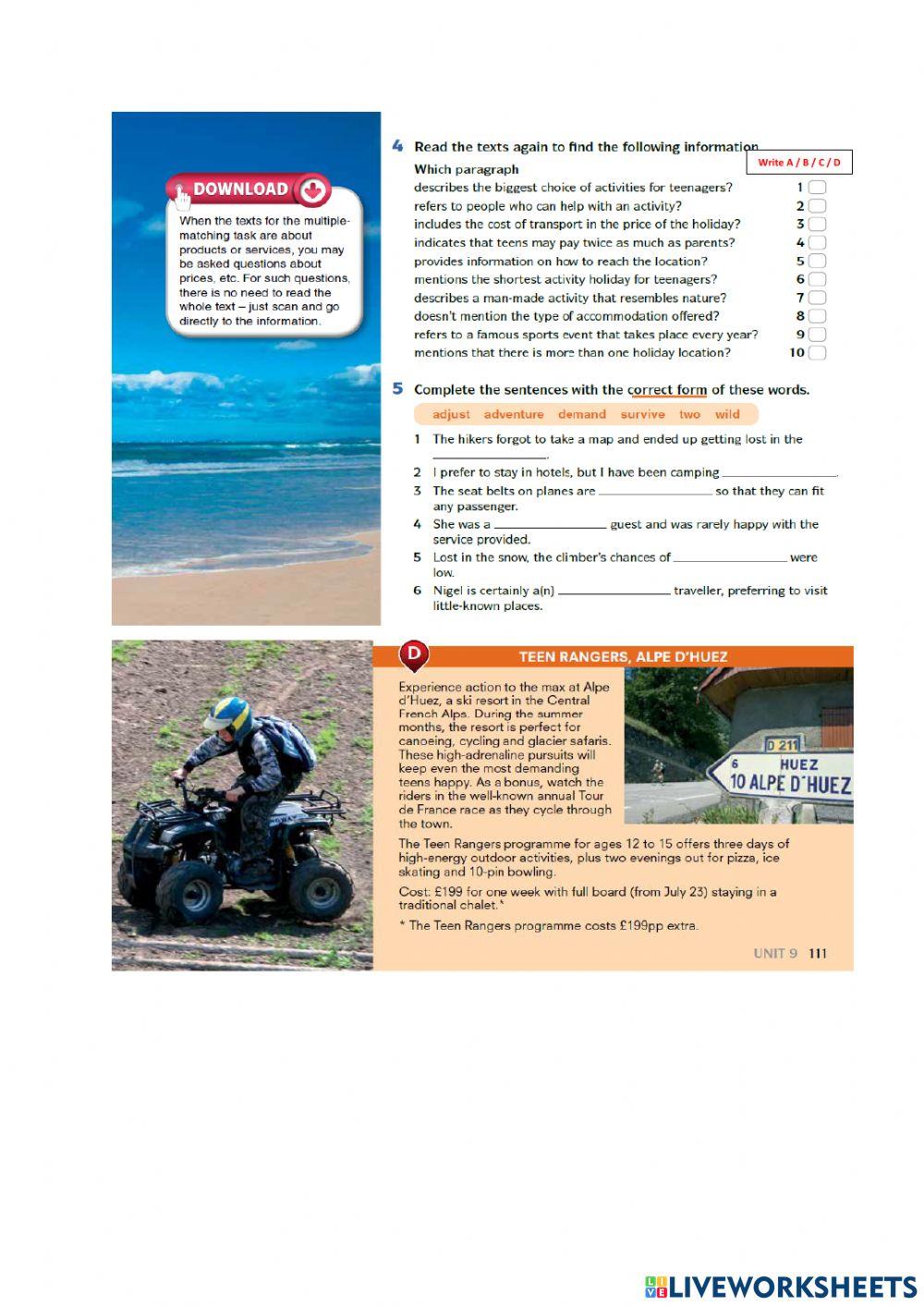 UNIT 9: GETTING AWAY page 110-111 worksheet | Live Worksheets