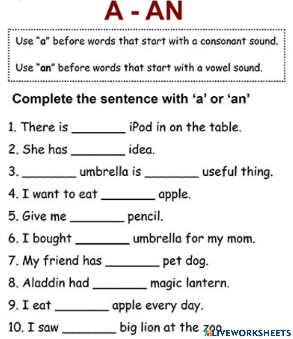 A and An 1732 | jalsprepschool04 | Live Worksheets