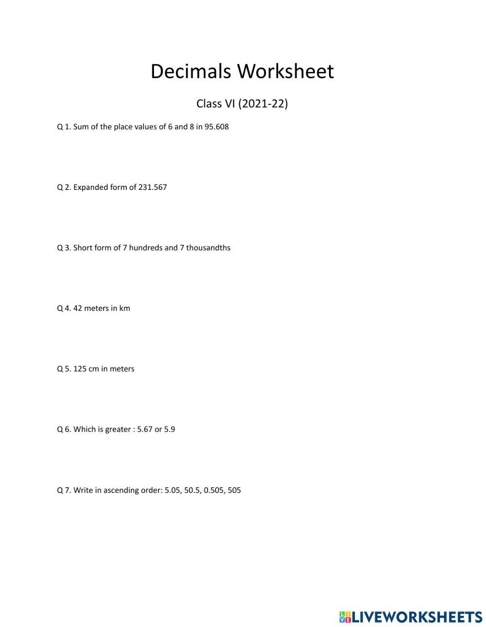 Decimals Worksheet Class VI 2021-22 online exercise for | Live Worksheets