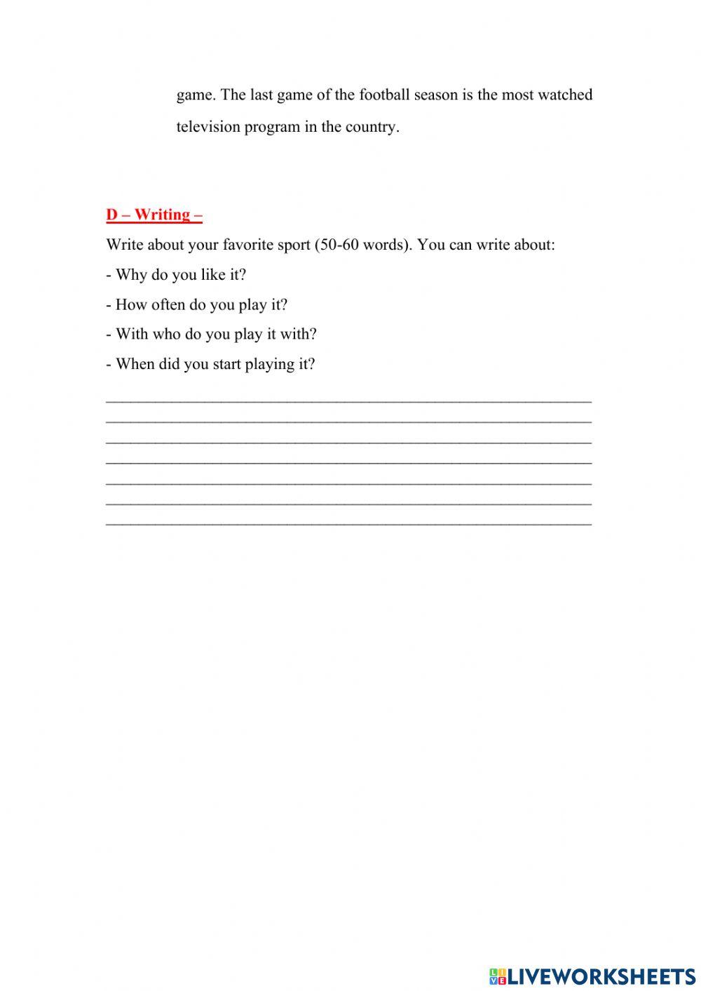 The Most Popular Sport in America online exercise for | Live Worksheets