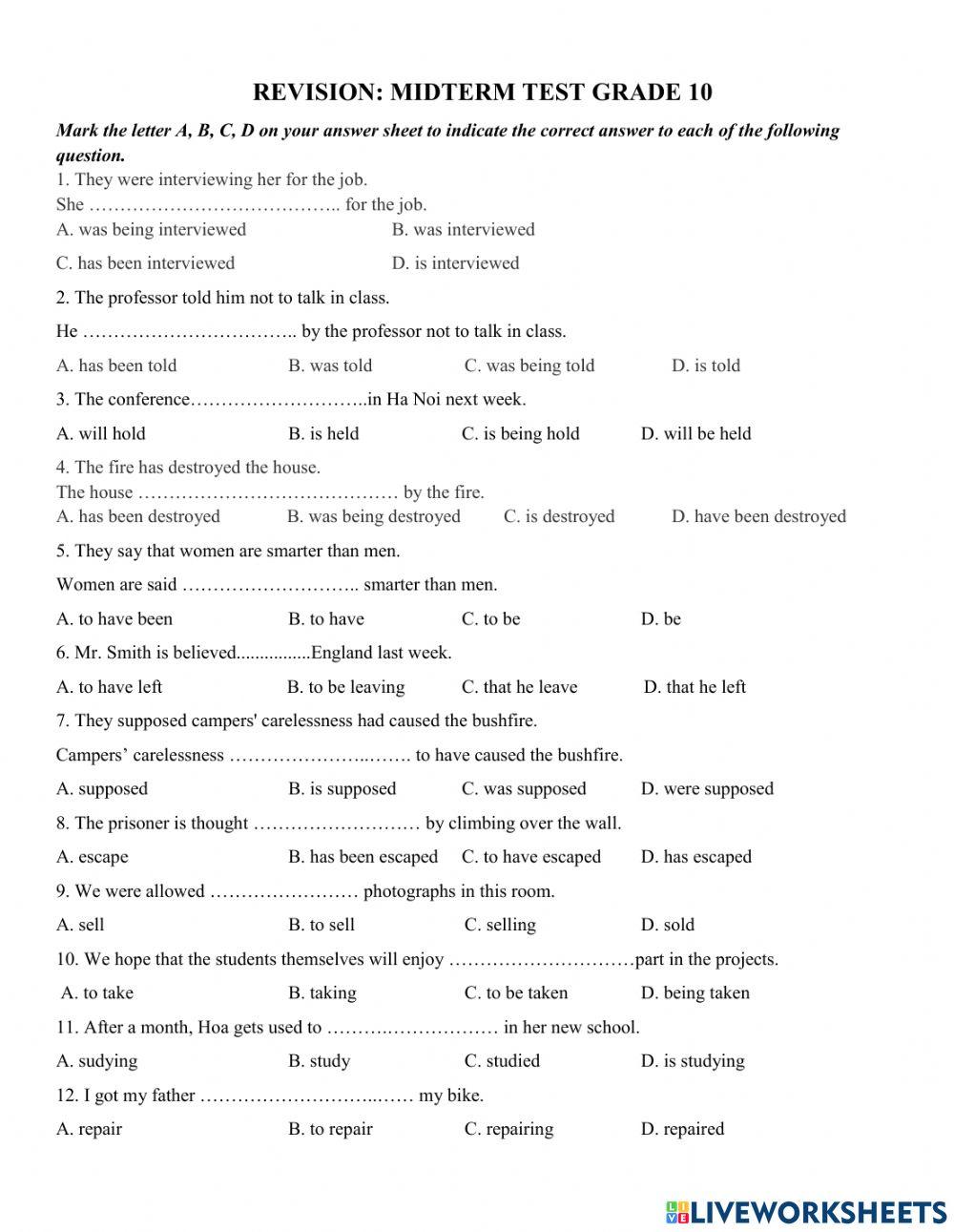 Revison-grade 10-part 1 worksheet | Live Worksheets