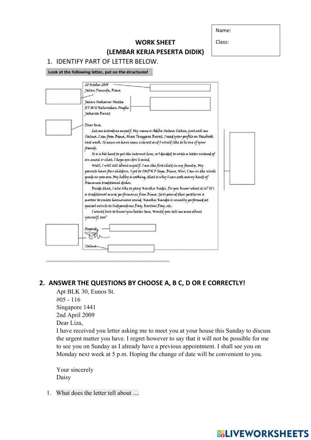 Personal Letter interactive exercise | Live Worksheets
