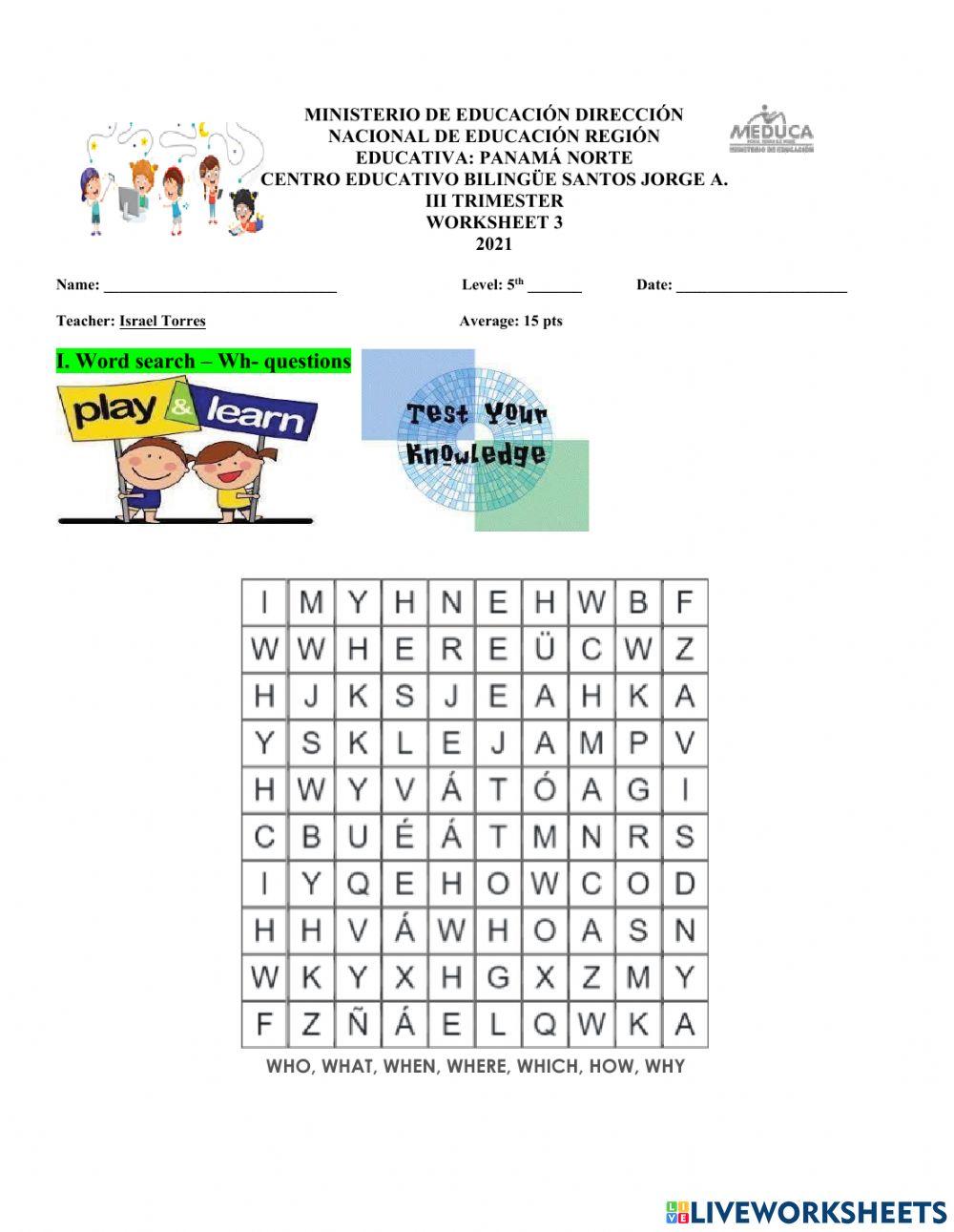 Worksheet 3 - WH- Questions online exercise for | Live Worksheets