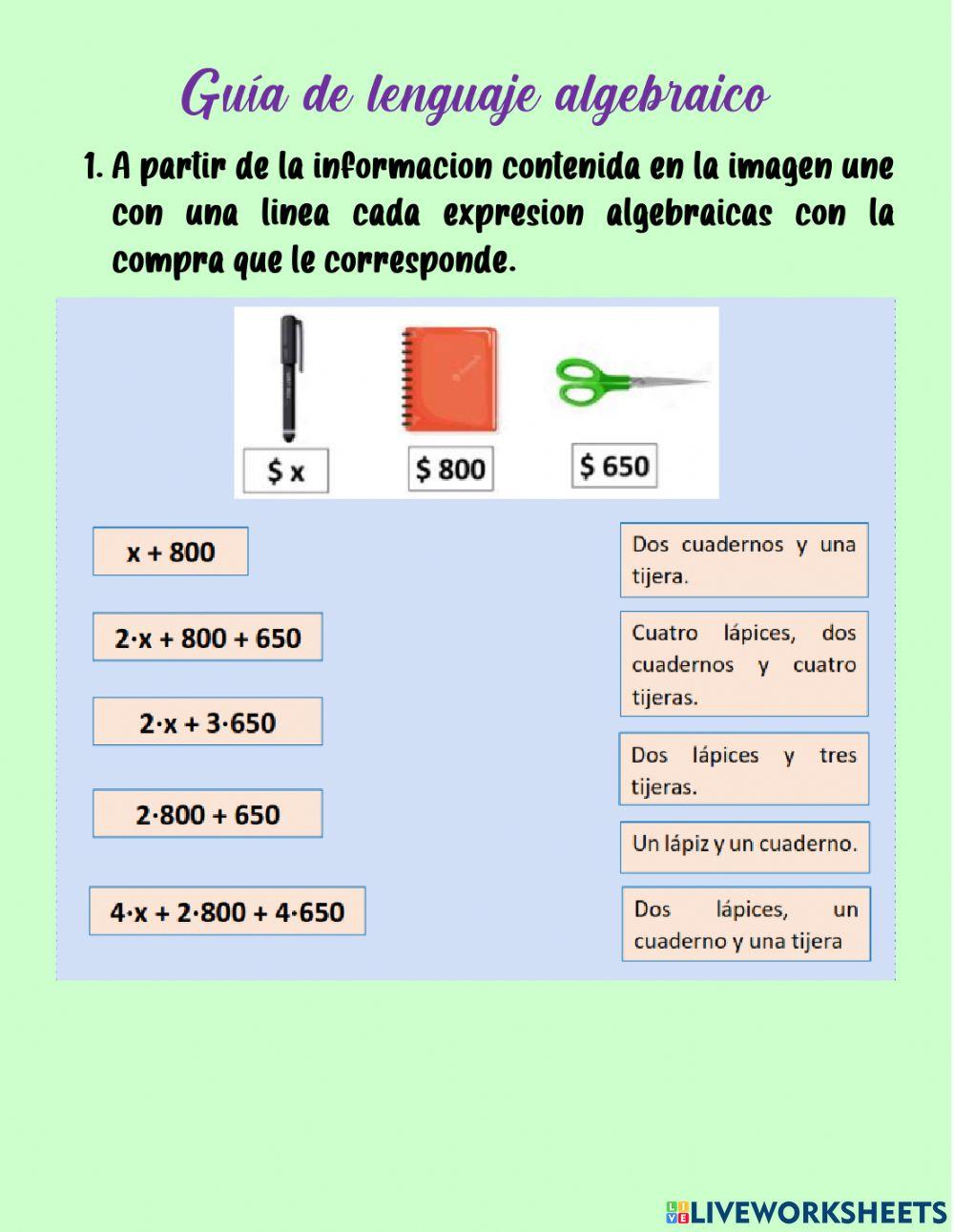 Lenguaje algebraico activity for sextos | Live Worksheets