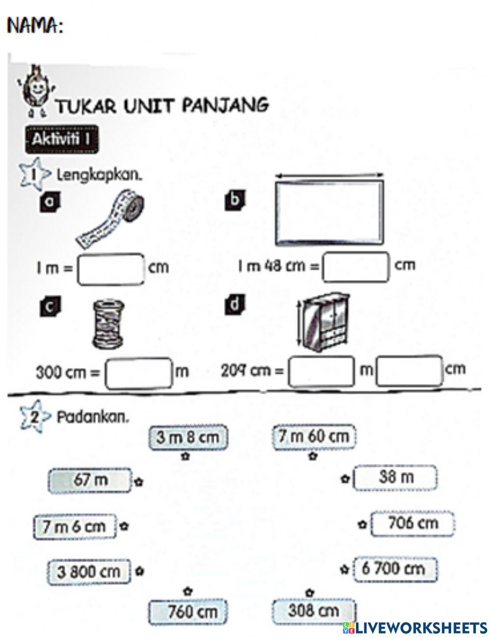 Pertukaran unit panjang exercise | Live Worksheets