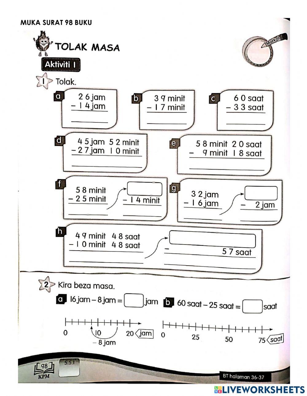 Tolak masa interactive worksheet for 3 | Live Worksheets