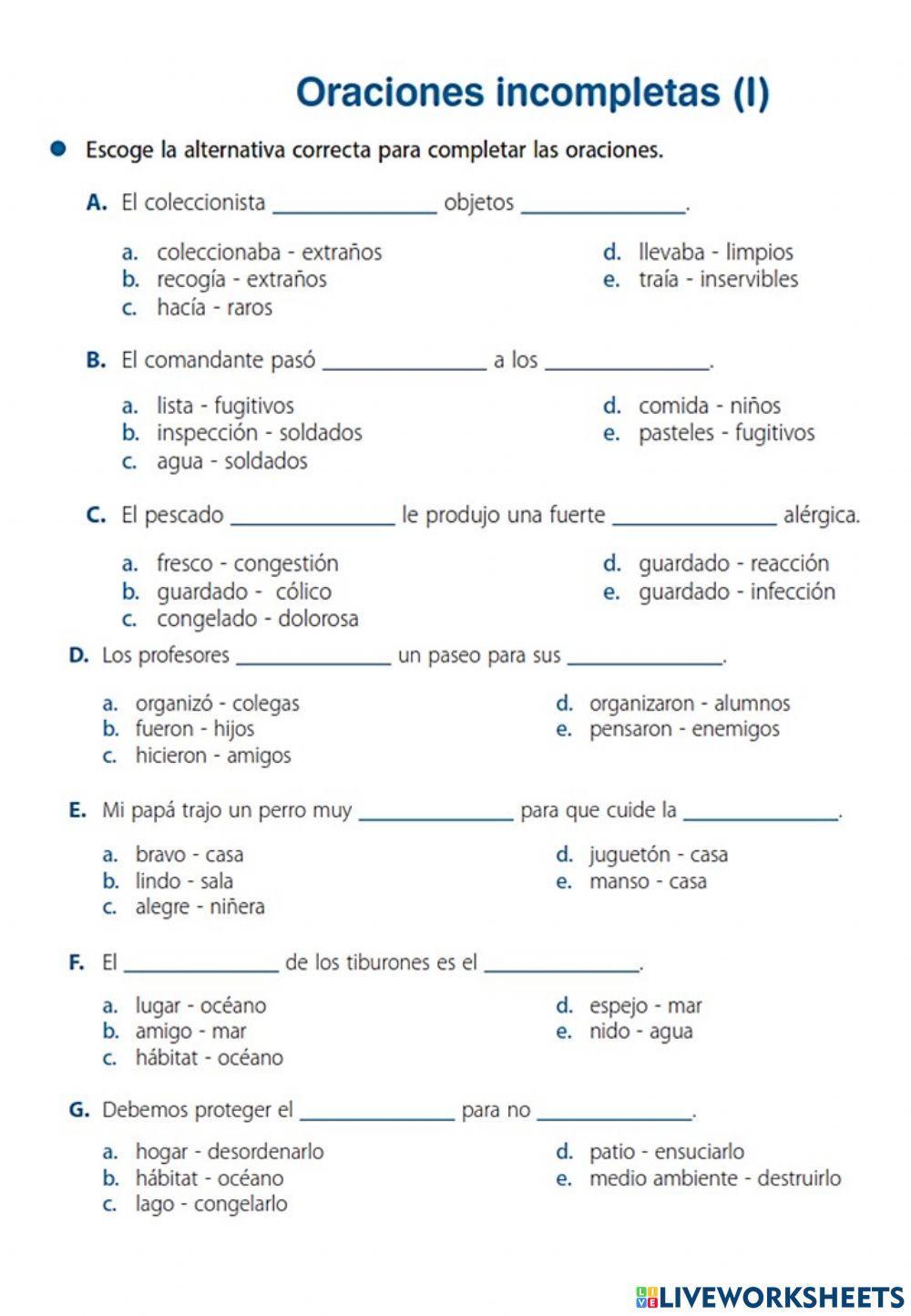 Oraciones incom… | Free Interactive Worksheets | 1537669