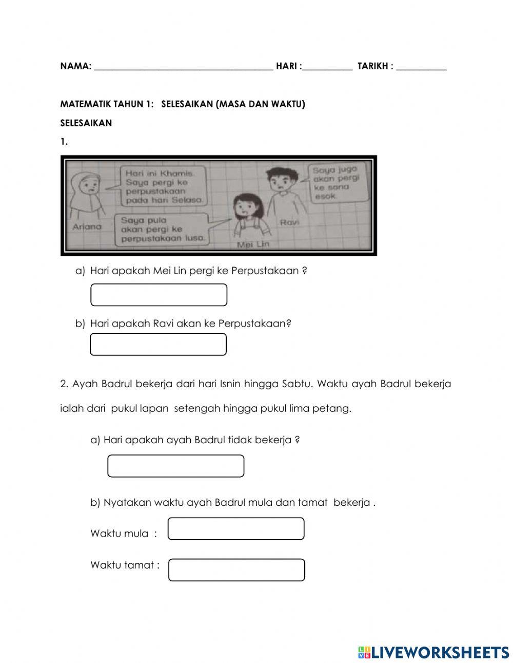 Matematik Tahun 1 exercise for Tahun 1 | Live Worksheets