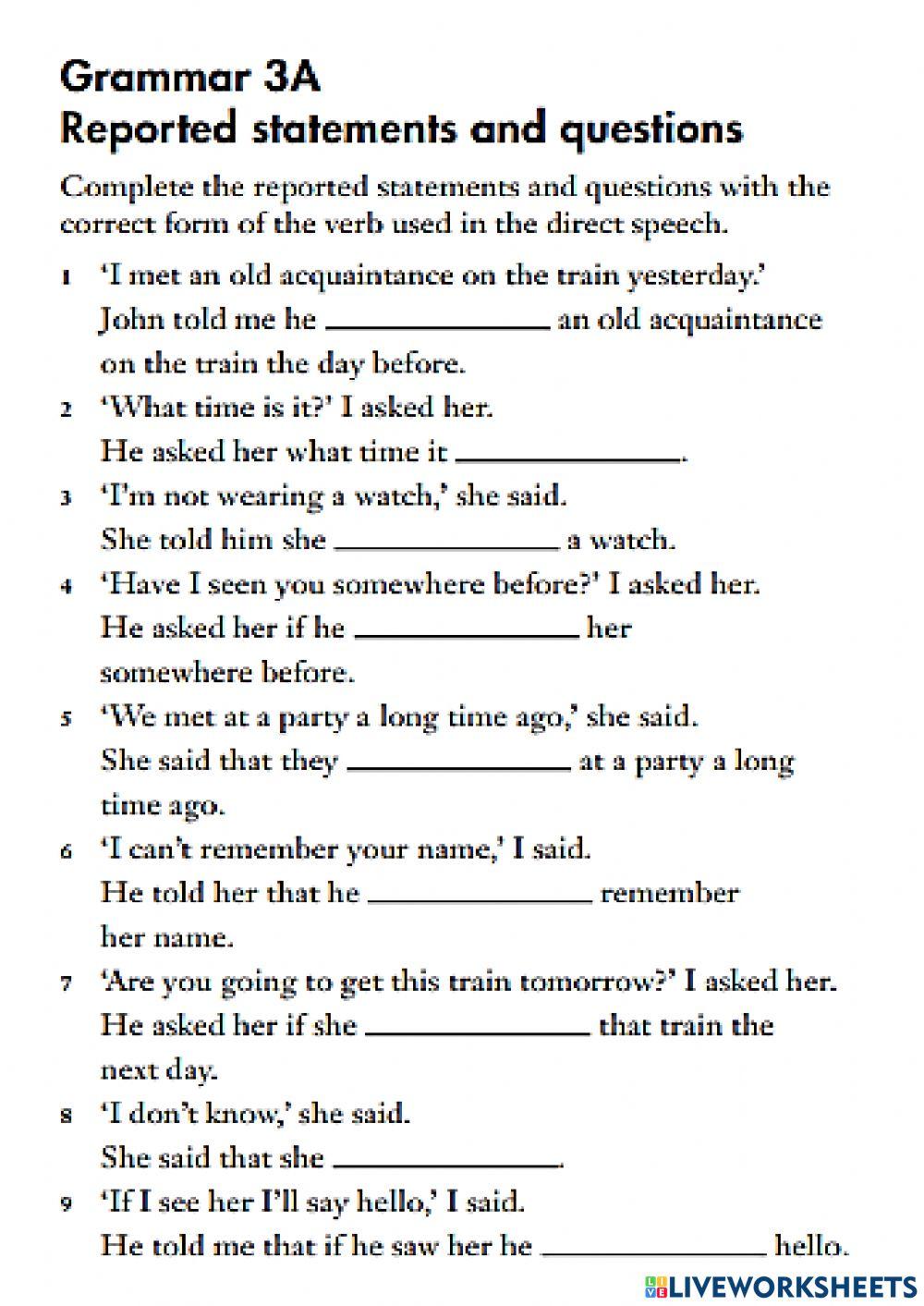 Reported speech online exercise for INTERMEDIATE | Live Worksheets