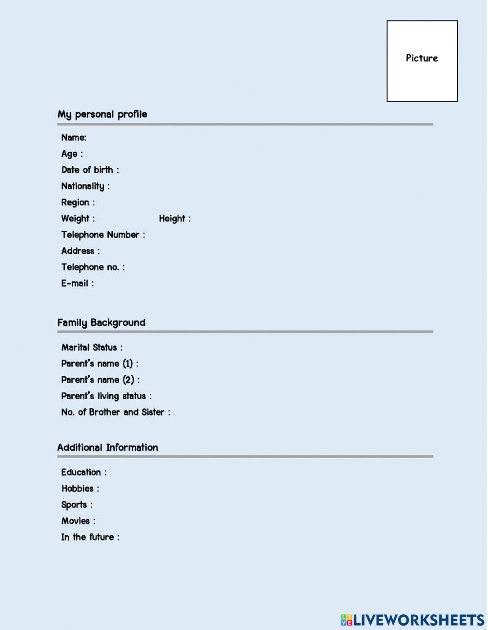 My personal profile activity | Live Worksheets