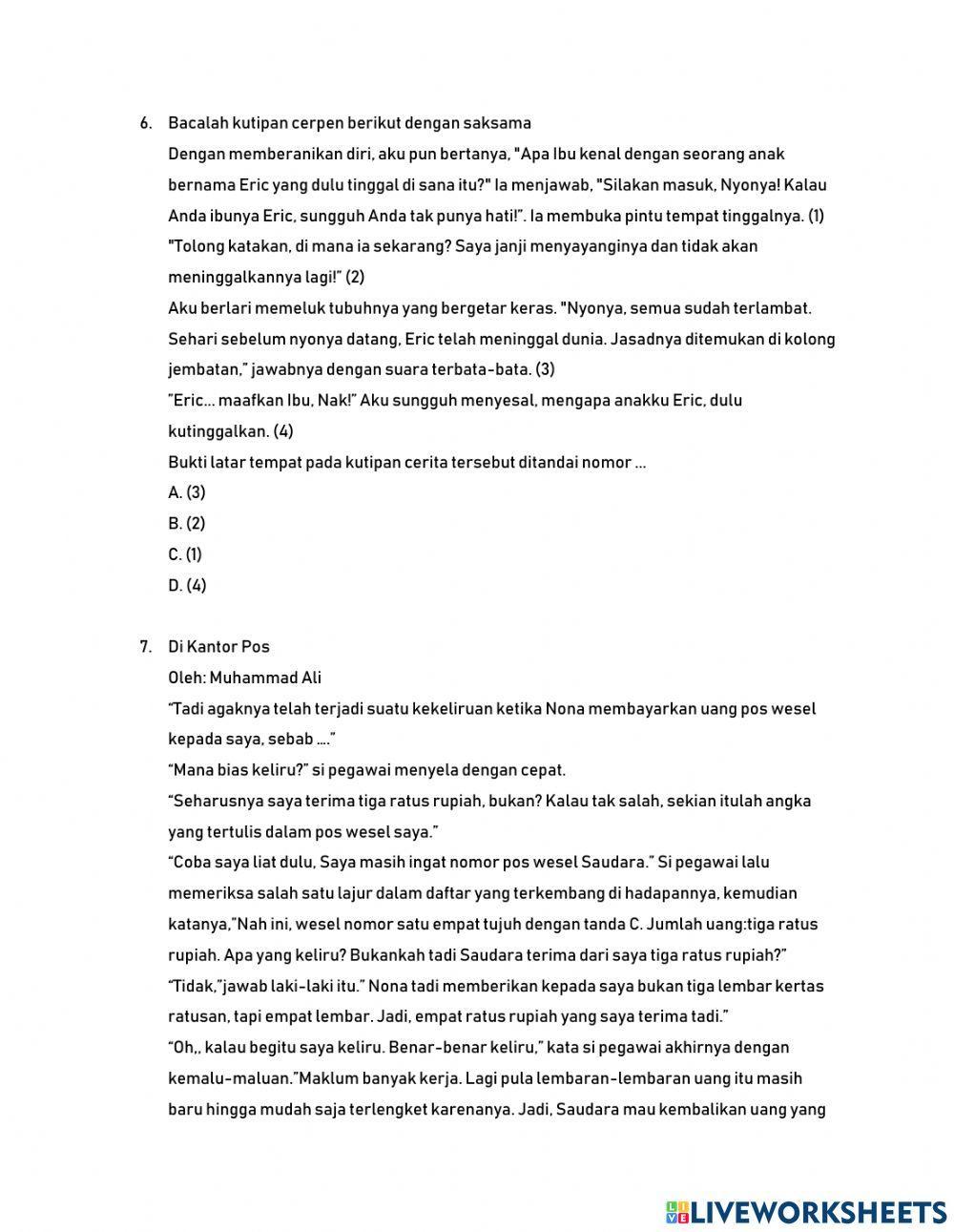 Uji Kompetensi Teks Cerpen online exercise for | Live Worksheets