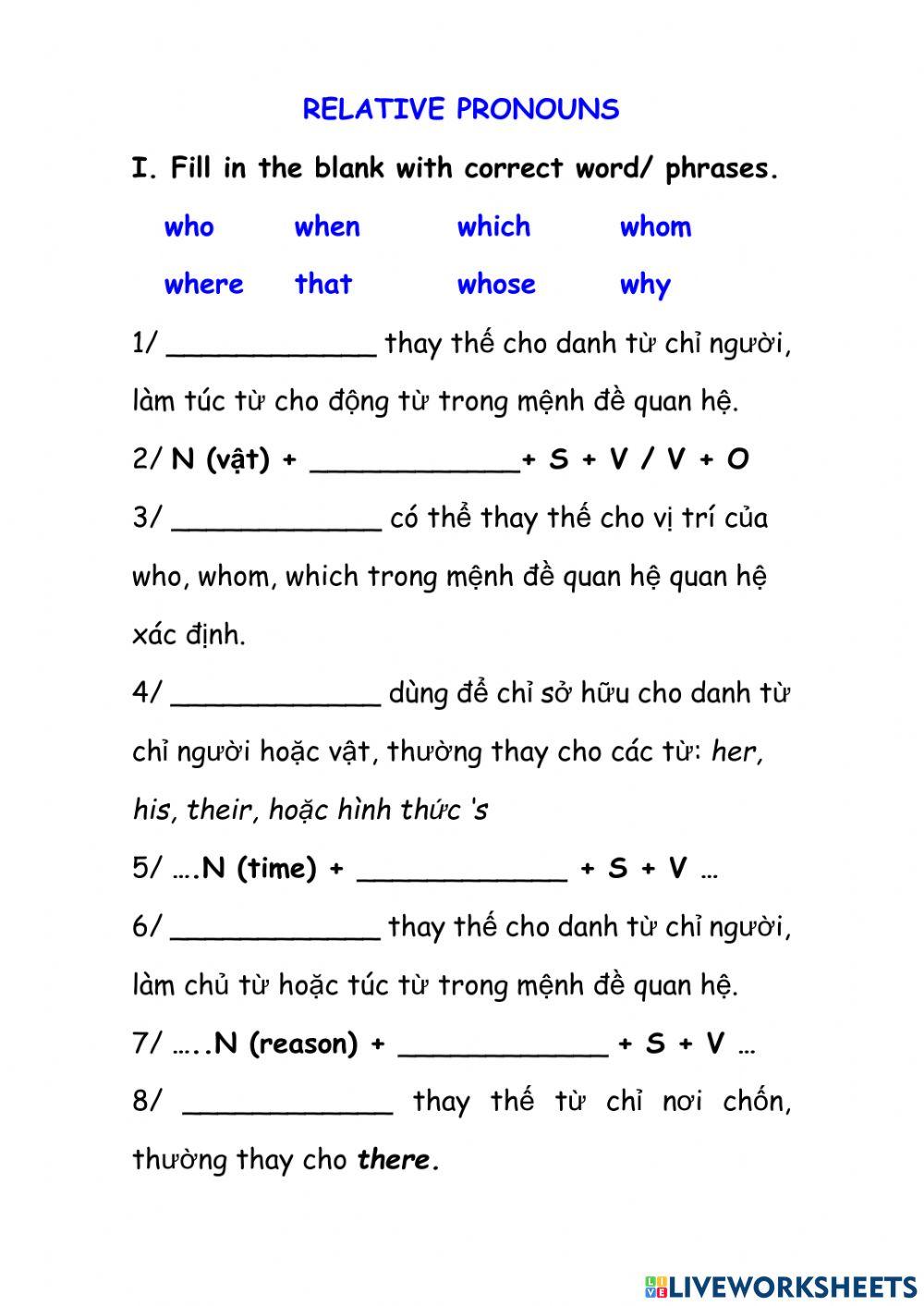 Relative pronouns online exercise for 12 | Live Worksheets