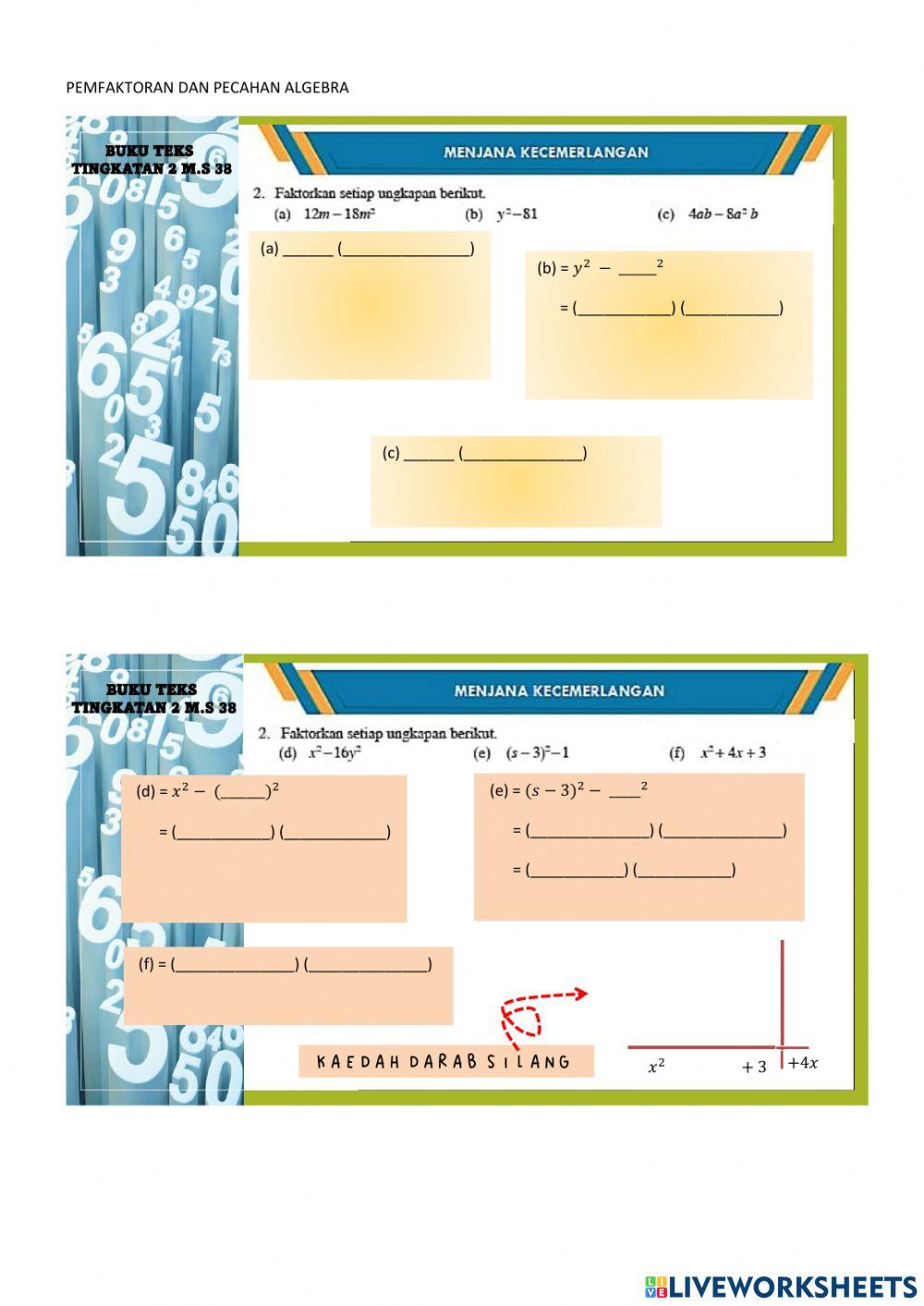Pecahan algebra worksheet | Live Worksheets